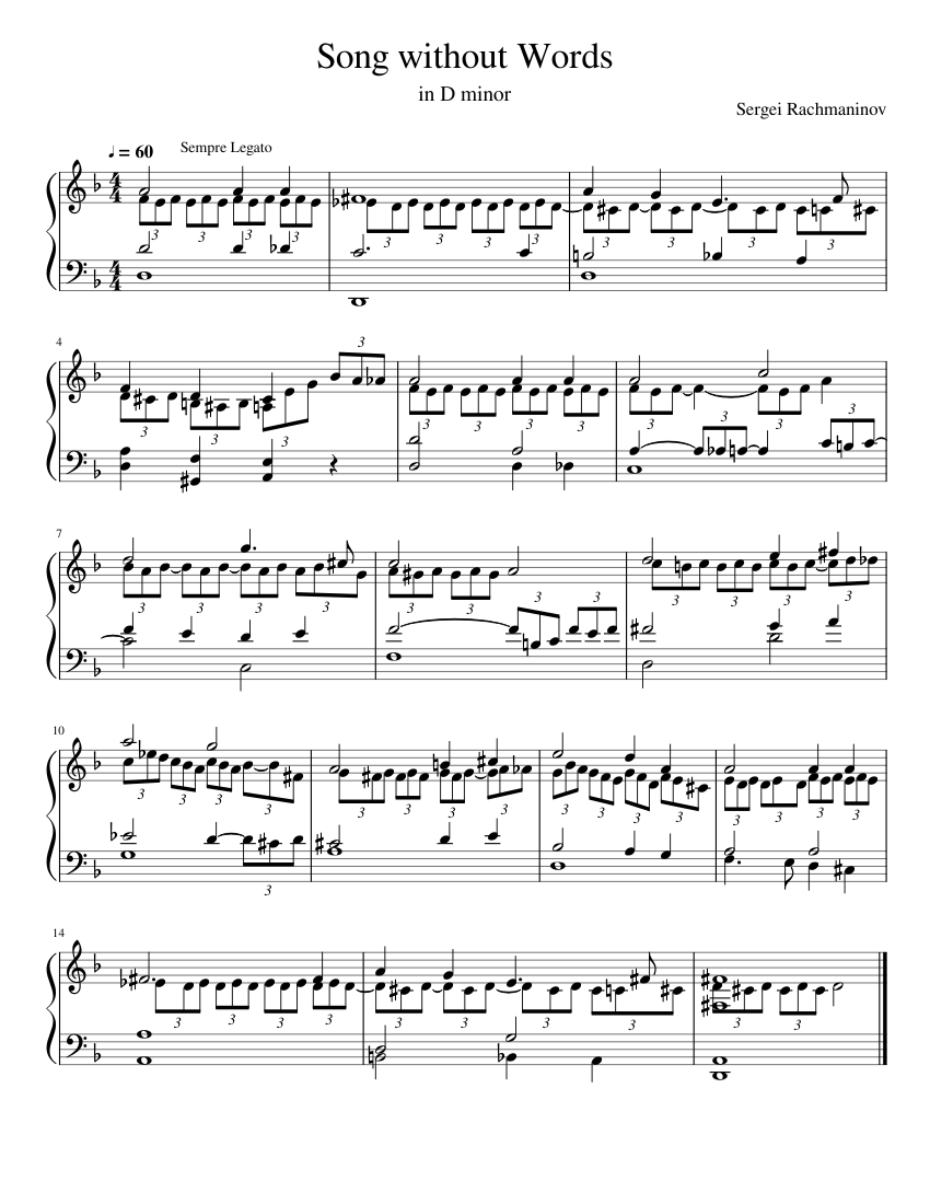 Song without Words in D minor by Rachmaninov Sheet Music for Piano ...