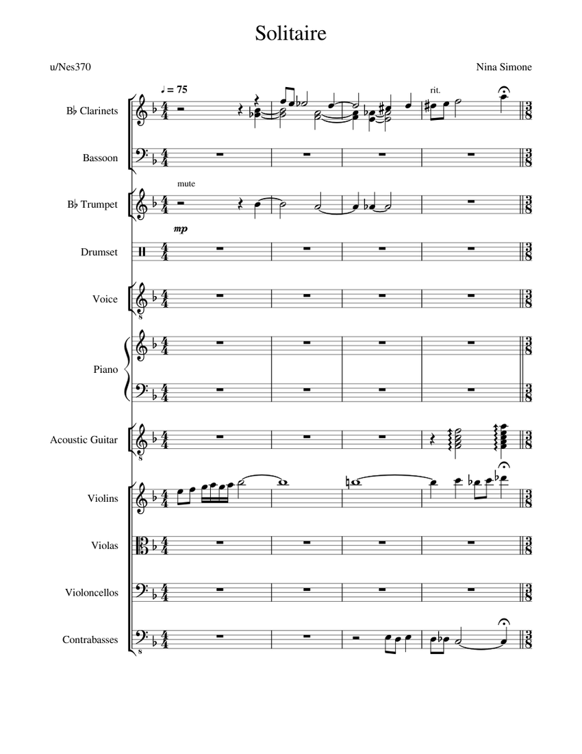 Solitaire - Nina Simone (WIP) Sheet Music for Piano, Vocals, Clarinet ...