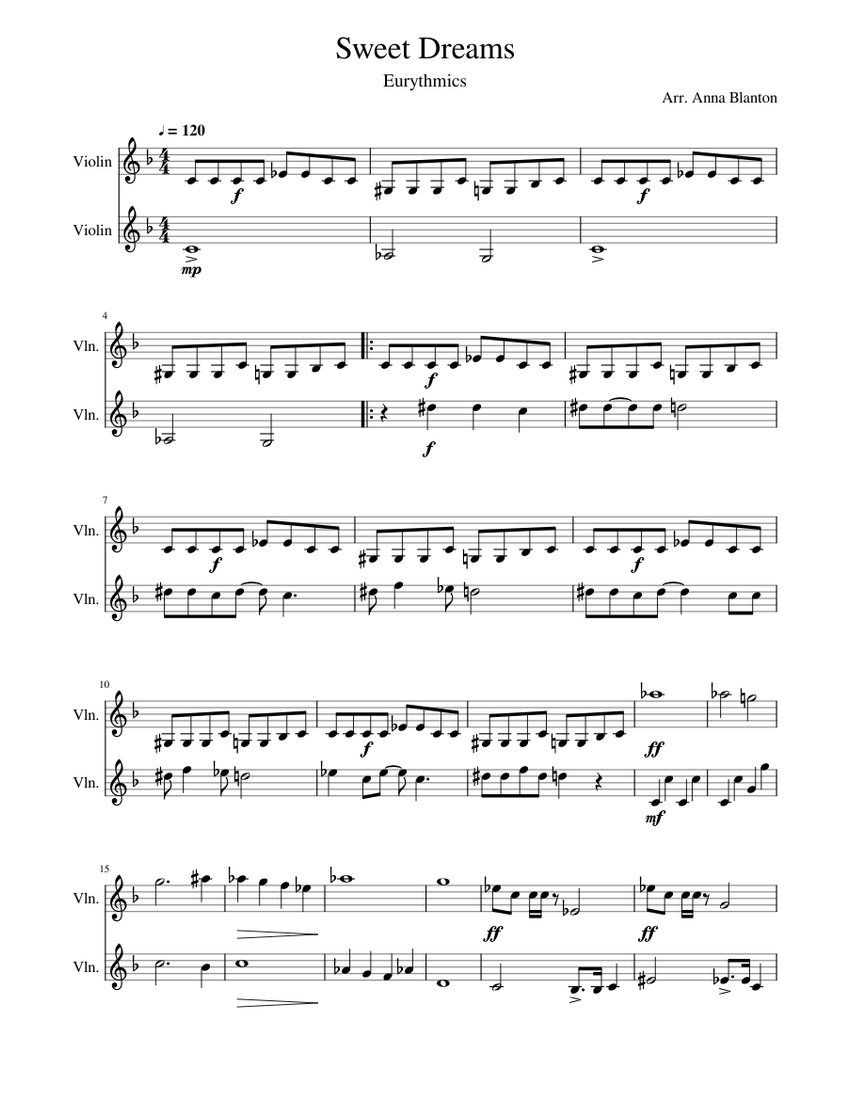Sweet Dreams (Are Made of This) - Eurythmics Sheet Music for Violin ...