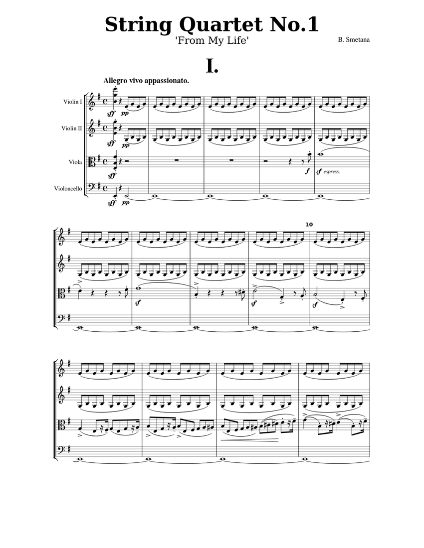 String Quartet No.1, JB 1:105, "From My Life", 1st Movement - B. Smetana Sheet Music for Violin ...