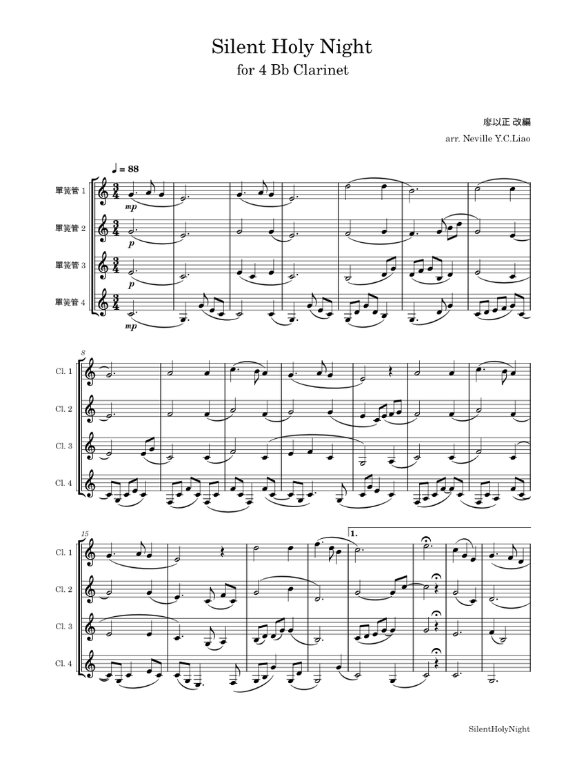 Silent Holy Night Sheet Music for Clarinet in b-flat (Woodwind Quartet ...