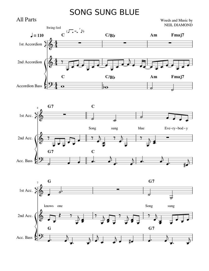 Song Sung Blue Sheet Music with Chords for Accordion (Piano Trio ...