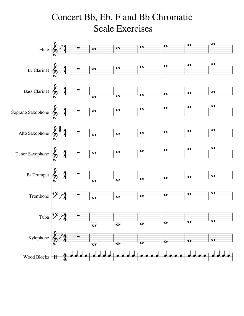 Concert Bb Scale Exercises Sheet Music for Trombone, Tuba, Flute ...