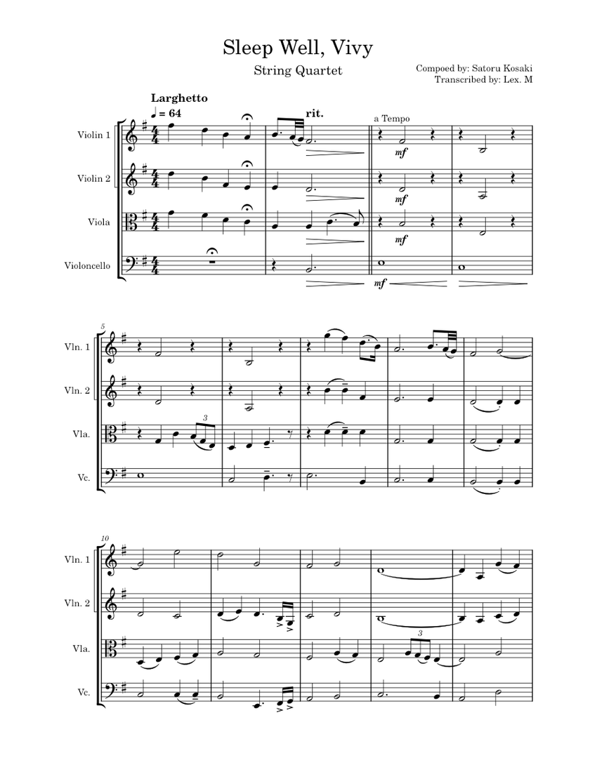Sleep Well, Vivy Sheet Music for Violin, Viola, Cello (String Ensemble ...