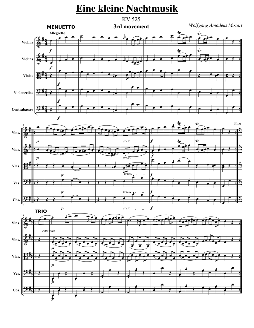 W A Mozart Eine Kleine Nachtmusik 3rd Movement Sheet Music For