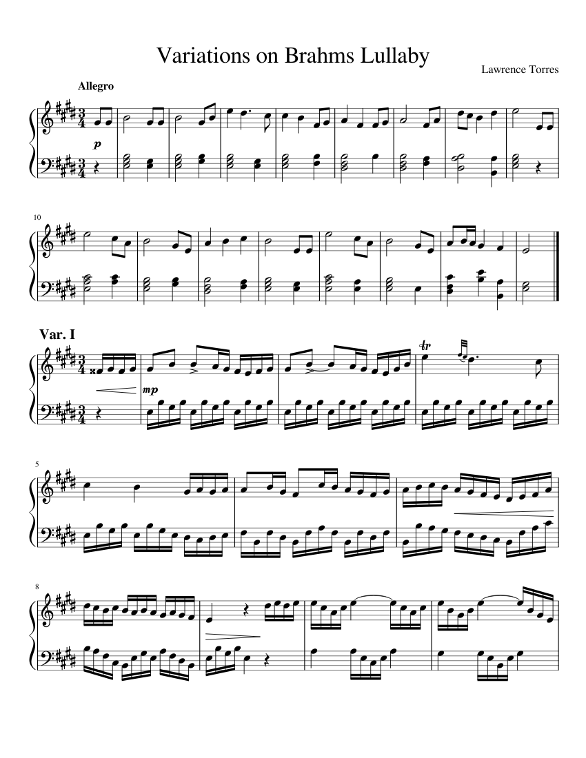 Variations on Brahms Lullaby Sheet Music for Piano (Solo) | MuseScore.com