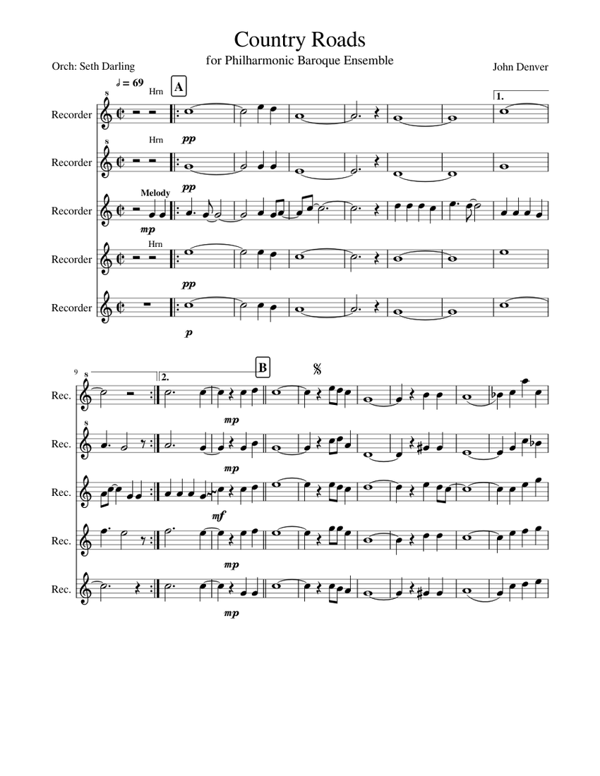 Country Roads Sheet Music for Recorder (Mixed Quintet) | MuseScore.com