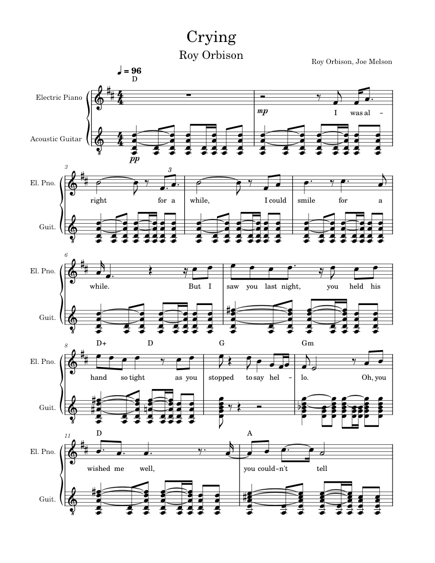 Crying Sheet Music with Chords for Piano, Guitar (Solo) | MuseScore.com