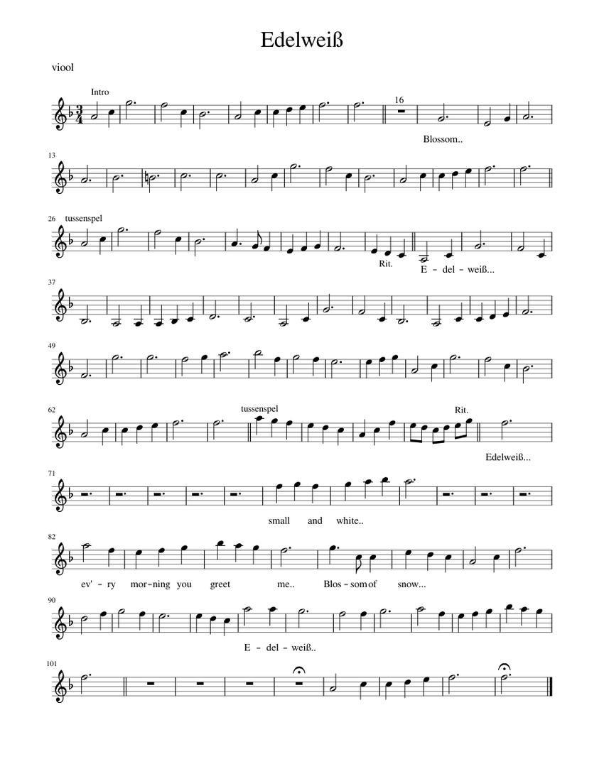 Edelweiss-viool – O.Hammerstein Sheet Music for Violin (Solo ...