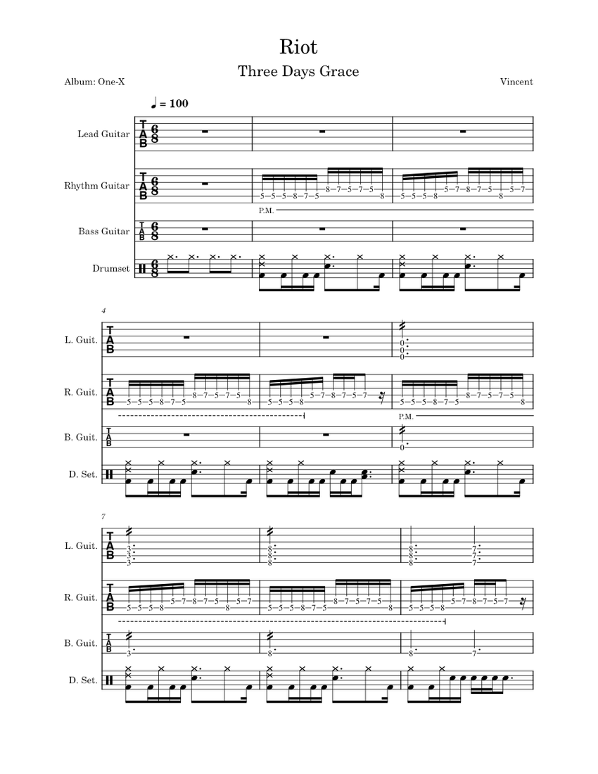 Three Days Grace - Riot Sheet music for Guitar, Bass guitar, Drum group ...