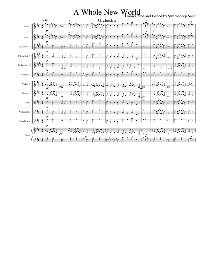 A Whole New World Sheet Music for Piano, Trombone, Flute, Clarinet in b ...
