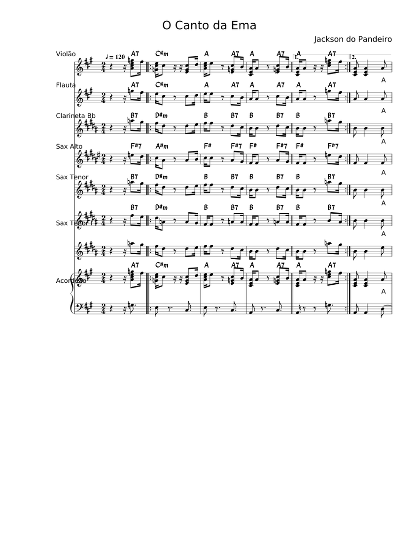 O Canto da Ema Sheet Music with Chords for Accordion, Flute, Clarinet ...