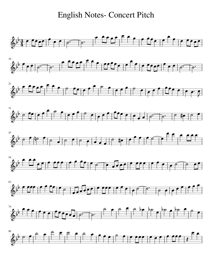 English Notes Concert Pitch Sheet Music for Piano (Solo) Easy ...