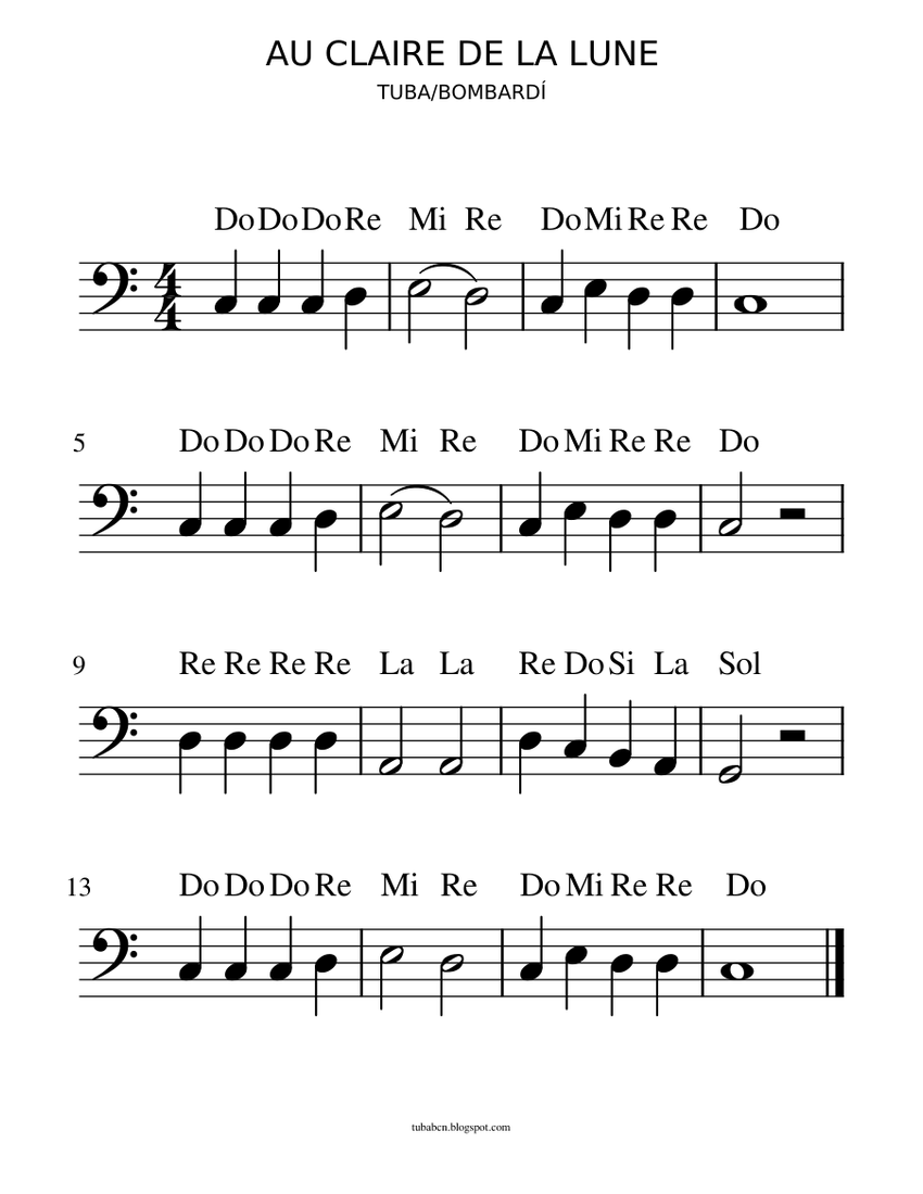 AU CLAIRE DE LA LUNE tuba amb notes Sheet Music for Piano (Solo) Easy ...