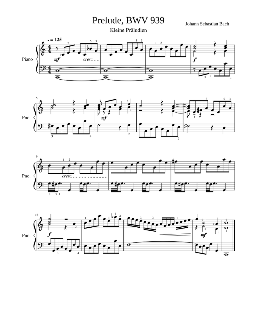 J. S. Bach: Little Prelude in C major, BWV 939 Sheet Music for Piano ...