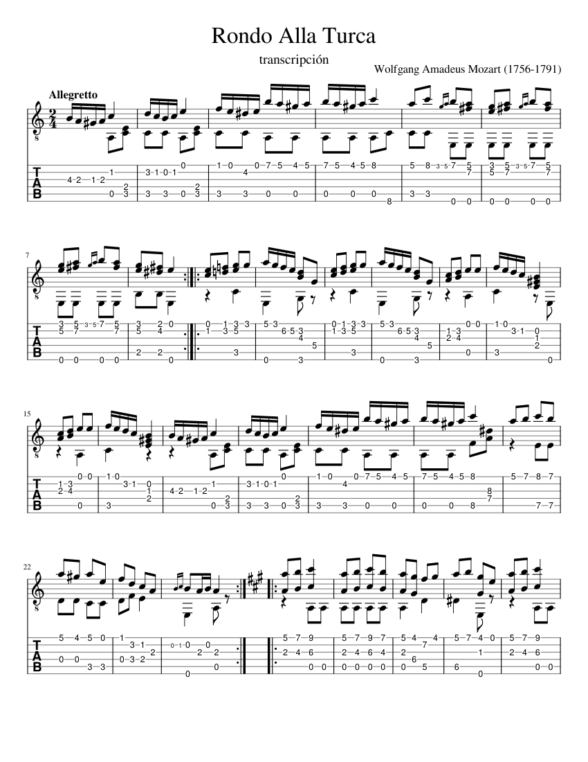 Rondo Alla Turca - guitarra Sheet music for Guitar (Solo) | Musescore.com