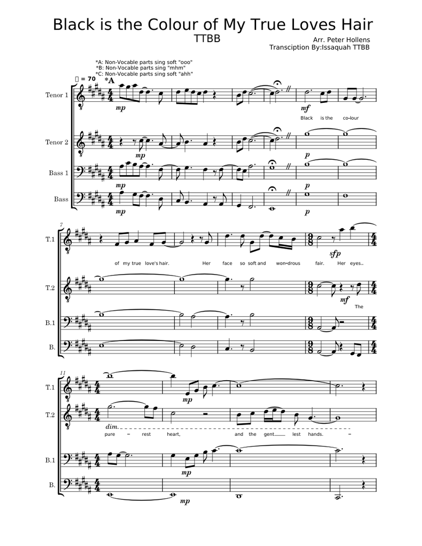 Black is the Colour of My True Loves Hair TTBB Sheet Music for Tenor ...