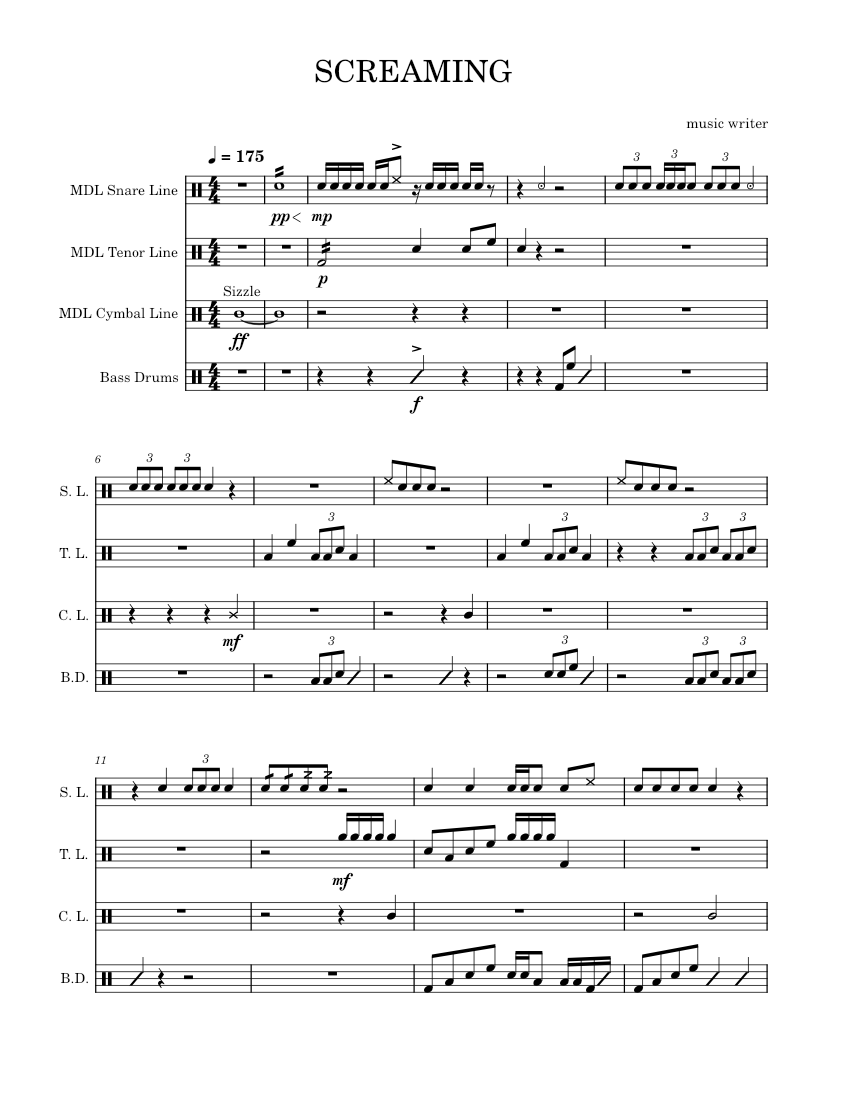 SCREAMING Sheet music for Snare drum, Crash, Tenor drum, Bass drum ...