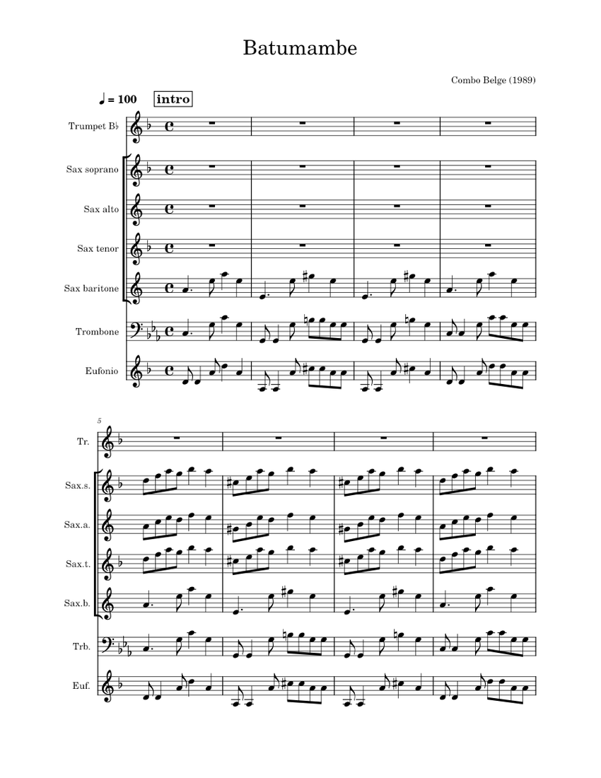 Batumambe – Combo Belge Sheet Music for Trombone, Euphonium, Saxophone alto, Saxophone tenor ...
