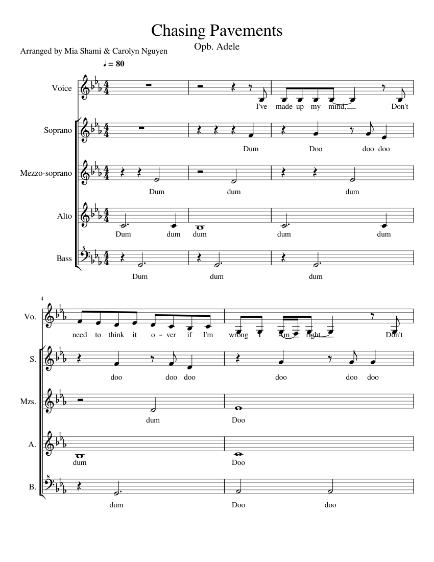 Chasing Pavements SSAA Sheet Music for Piano (Mixed Quintet ...