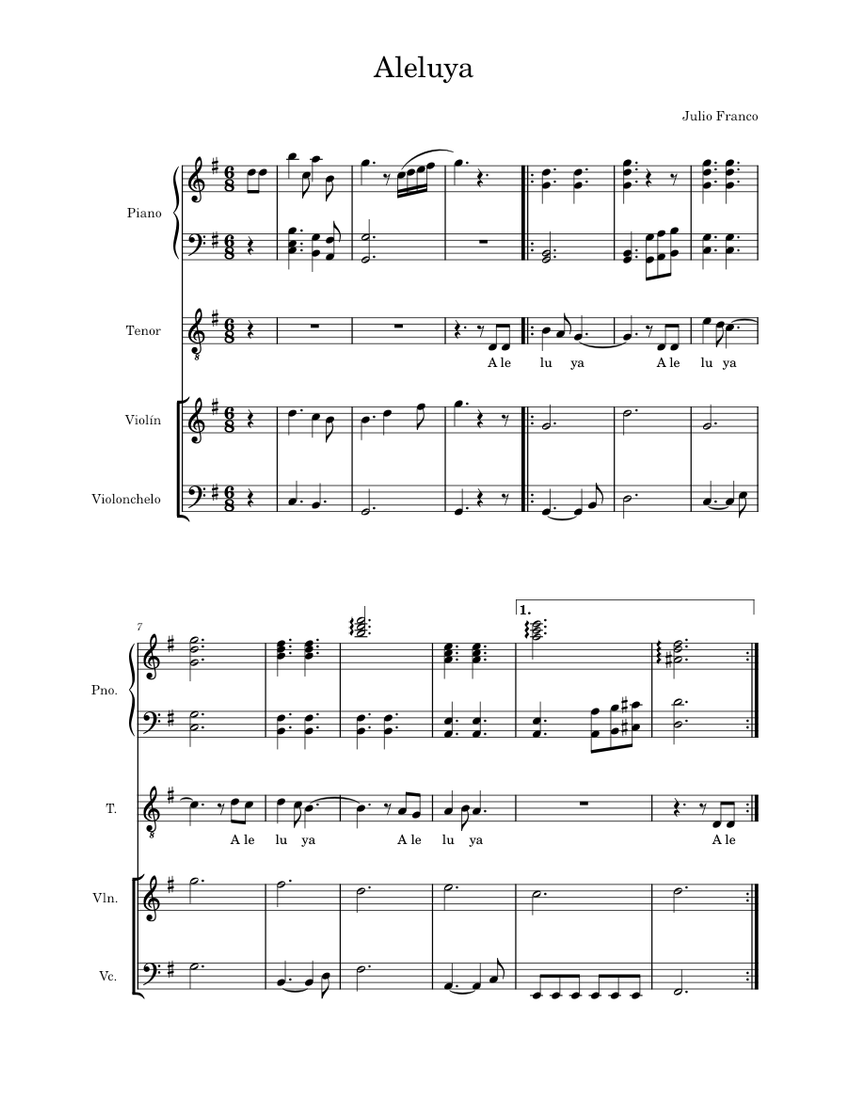 Aleluya Sheet music for Piano, Tenor, Violin, Cello (String Ensemble ...