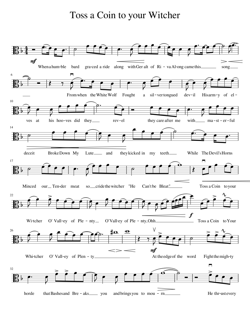 Toss a Coin to your Witcher | Updated Viola Solo Sheet Music for Viola ...