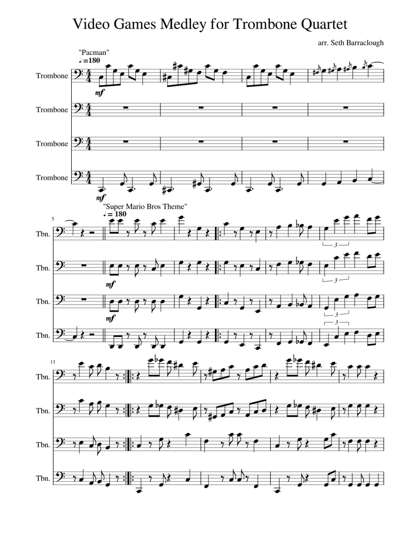 Video Games Medley for Trombone Quartet Sheet music for Trombone (Brass ...