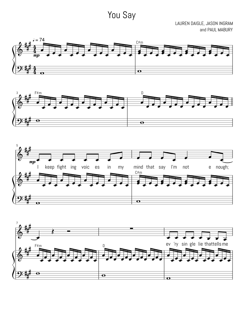 You Say, Lauren Daigle Sheet Music with Chords for Piano, Vocals (Mixed ...