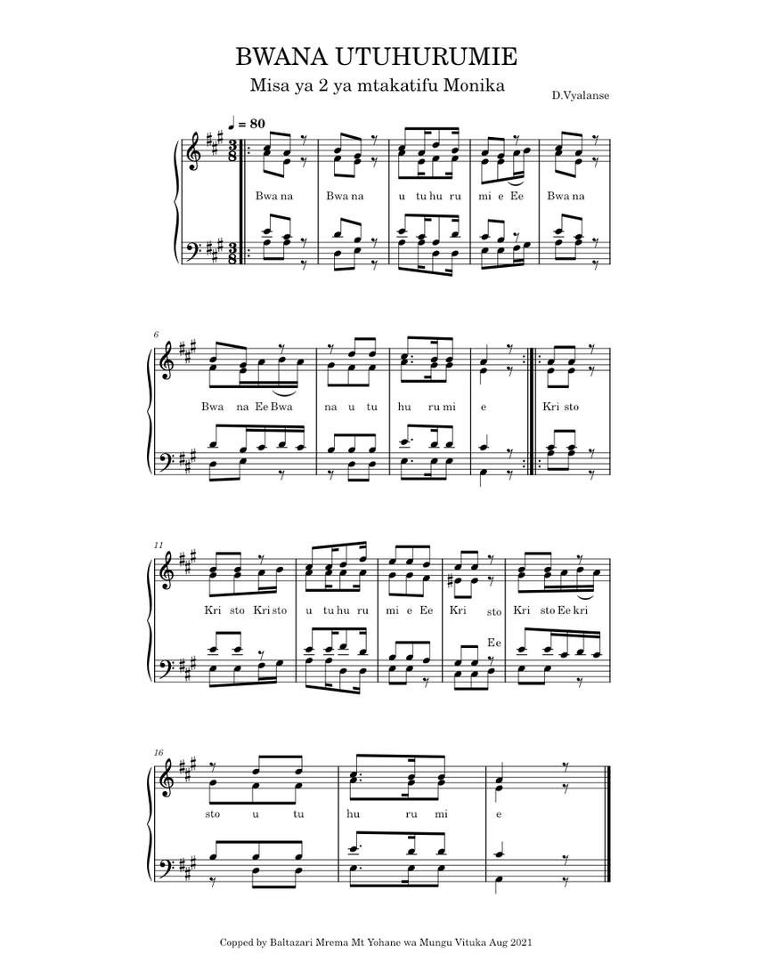 BWANA UTUHURUMIE VIALANSE Sheet music for Piano (Solo) Easy | Musescore.com