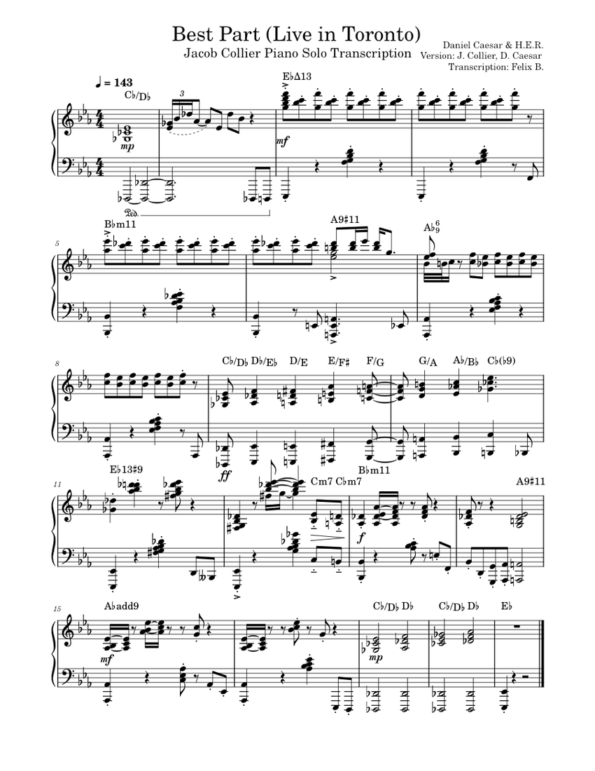 Best Part – Jacob Collier & Daniel Caesar (Piano Solo Transcription ...