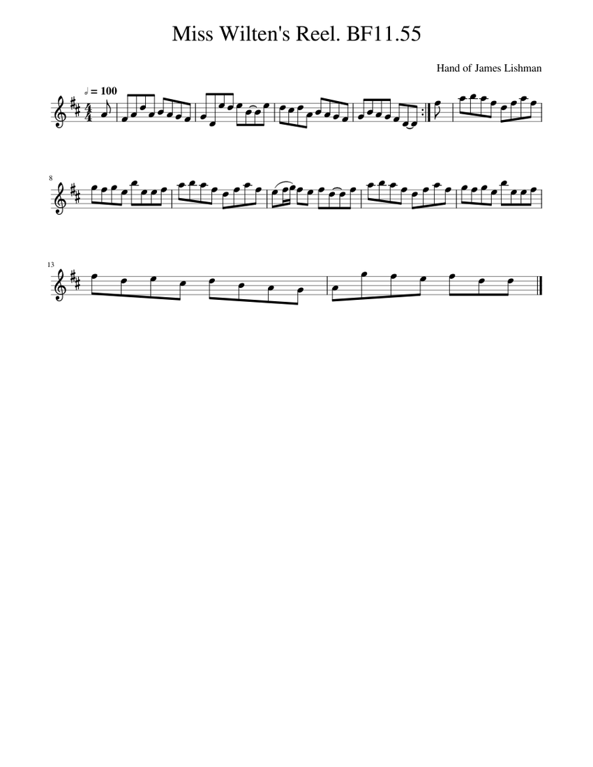 Hand of James Lishman - Miss Wilten's Reel. BF11.55 Sheet music for ...