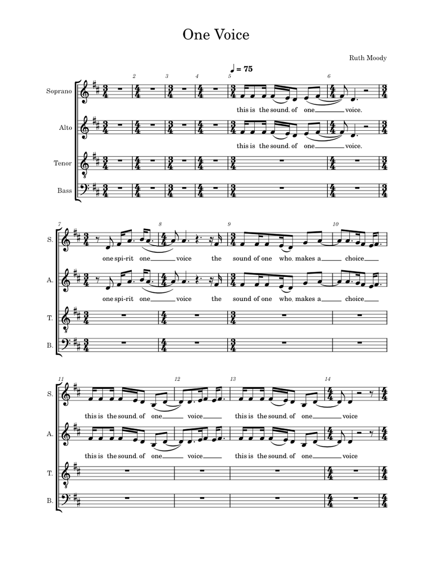 One Voice Sheet Music for Soprano, Alto, Tenor, Bass voice (SATB ...
