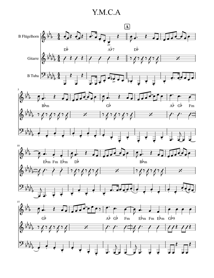 YMCA Sheet Music with Chords for Tuba, Trumpet in b-flat, Guitar (Mixed ...