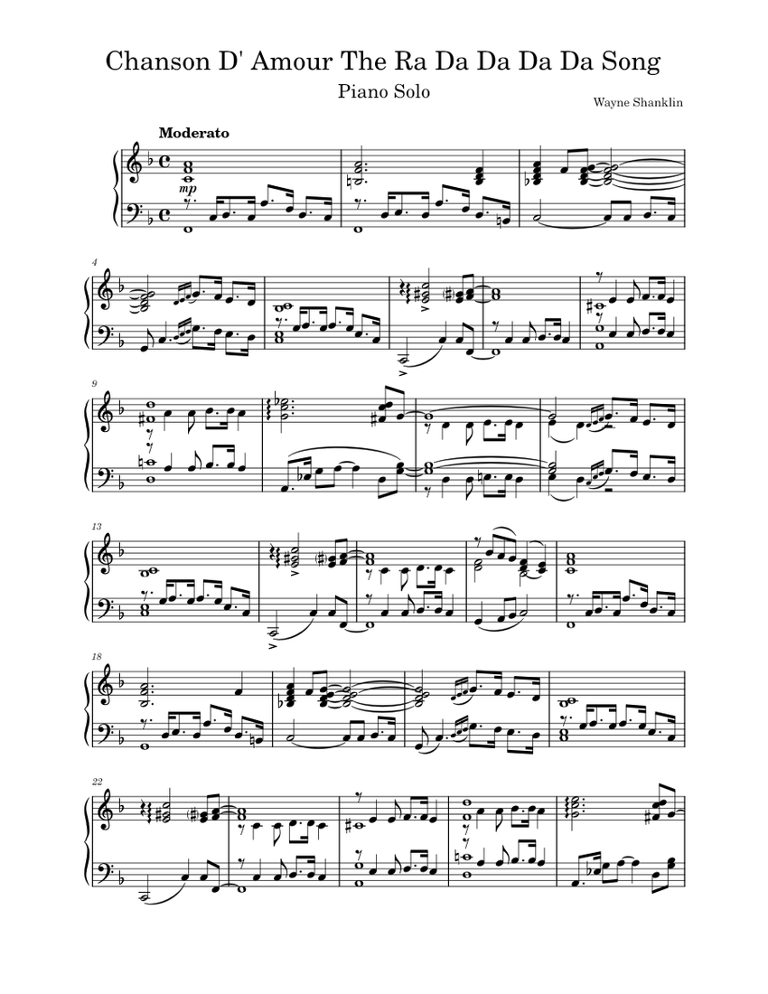 Chanson D' Amour the Ra Da Da Da Da song – Wayne Shanklin Sheet Music ...