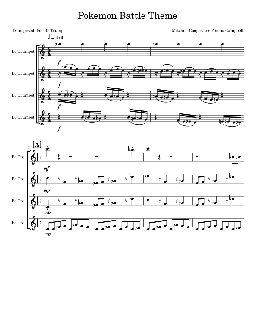Pokemon RBY - Battle Music, Arr. for Trumpet Quartet - piano tutorial