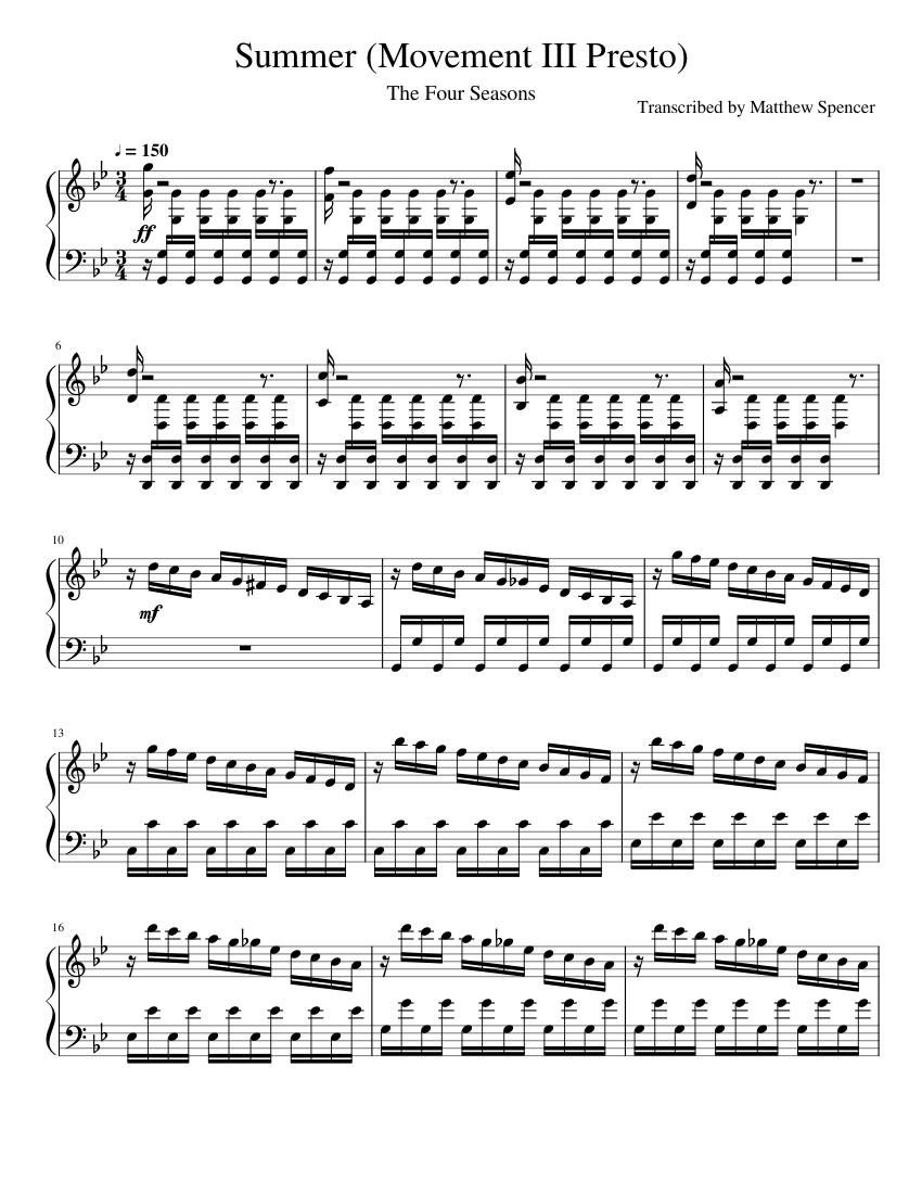 Four Seasons - Summer Movement III Presto (Piano) Sheet Music for Piano ...