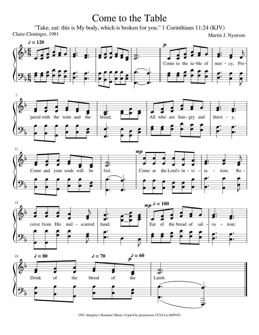 Come to the Table Sheet Music for Piano (Solo) Easy | MuseScore.com