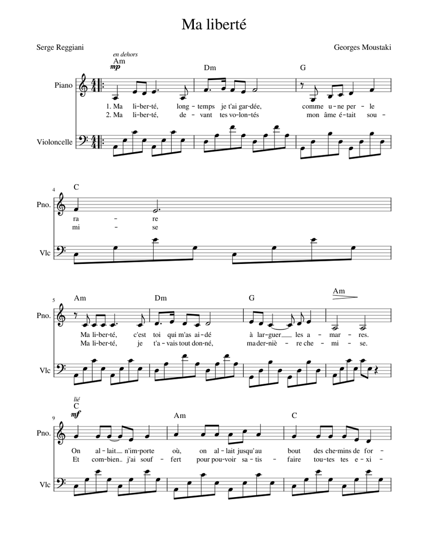 Ma liberte – Georges Moustaki Ma liberté Sheet Music with Chords for ...