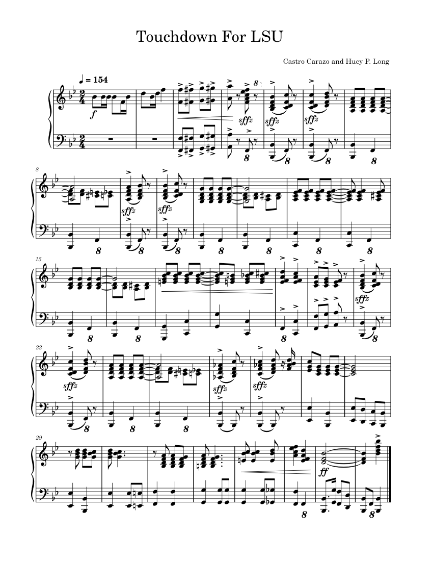 Touchdown For LSU - Castro Carazo and Huey Long Sheet Music for Piano ...