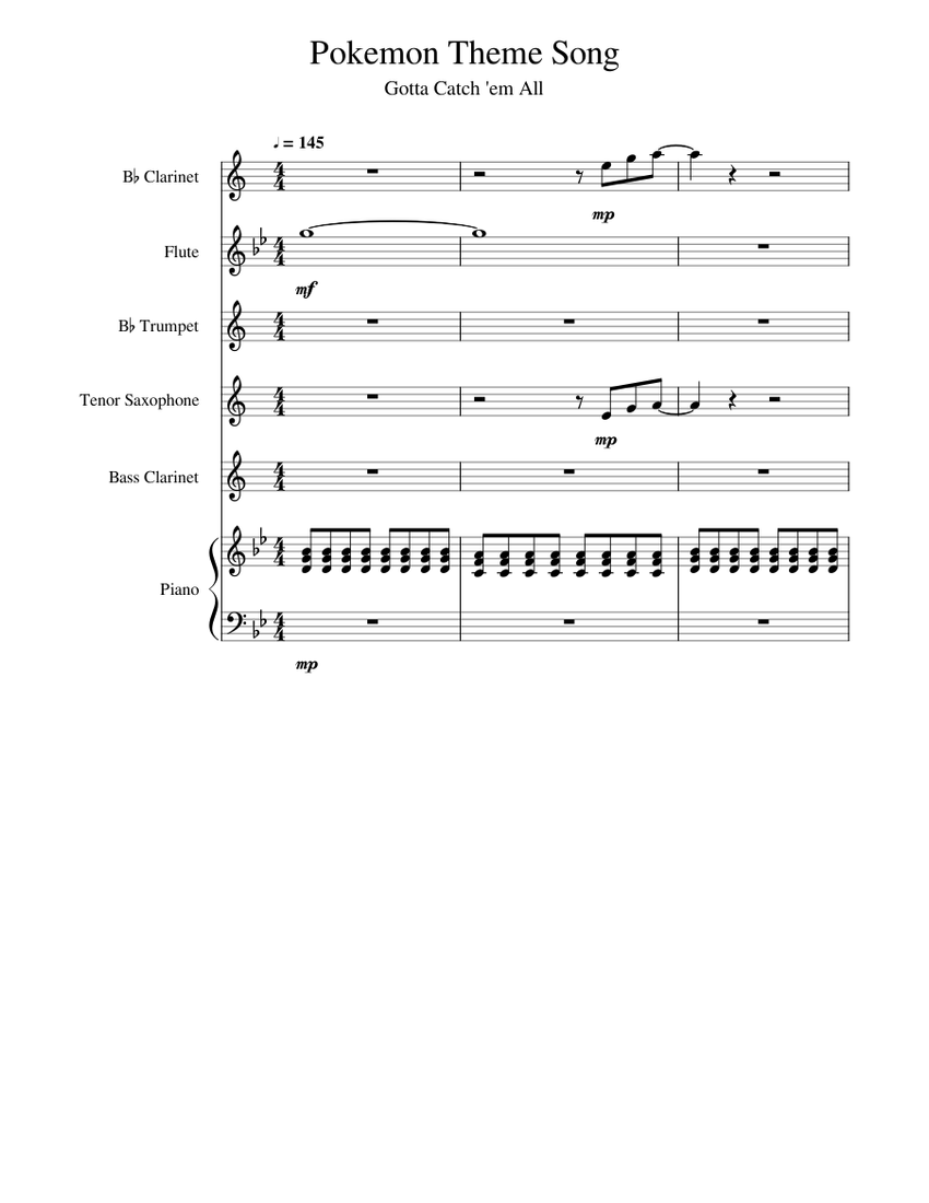 Pokemon Theme Song Sheet music for Piano, Flute, Clarinet in b-flat ...
