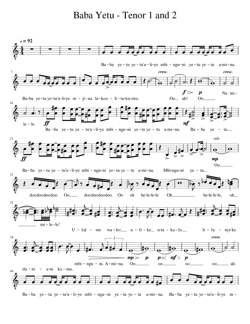 Baba Yetu - Tenor 1 and 2 Sheet Music for Piano (Solo) Easy | MuseScore.com