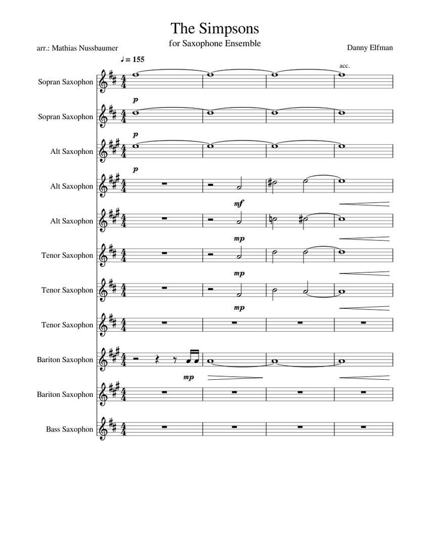 The Simpsons Sheet Music for Saxophone alto, Saxophone tenor, Saxophone ...