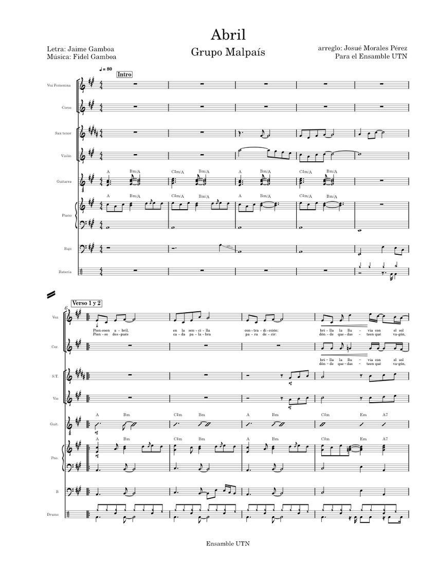 Abril Sheet Music with Chords for Piano, Vocals, Saxophone tenor ...