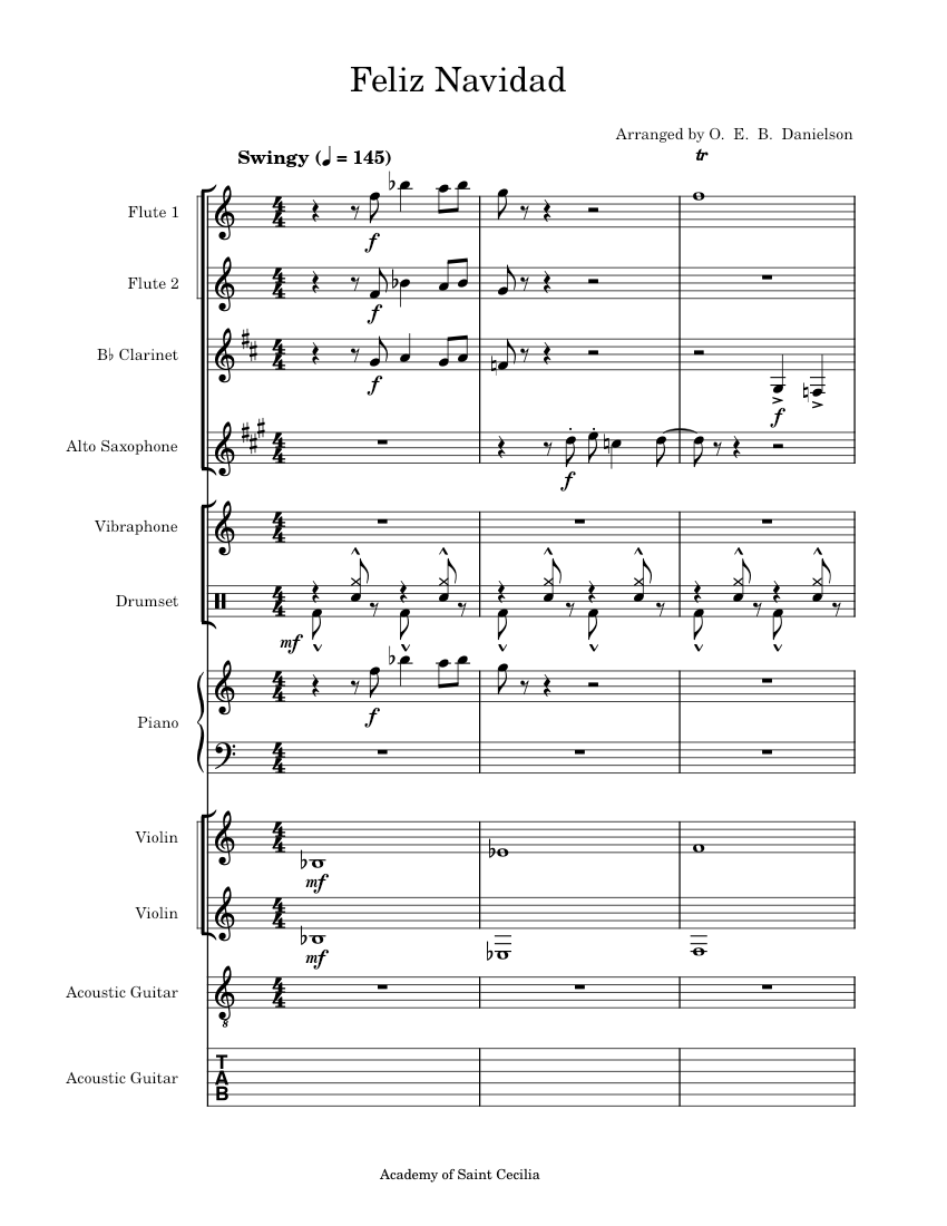 Feliz Navidad Sheet Music and Tab for Piano, Flute, Clarinet in b-flat ...