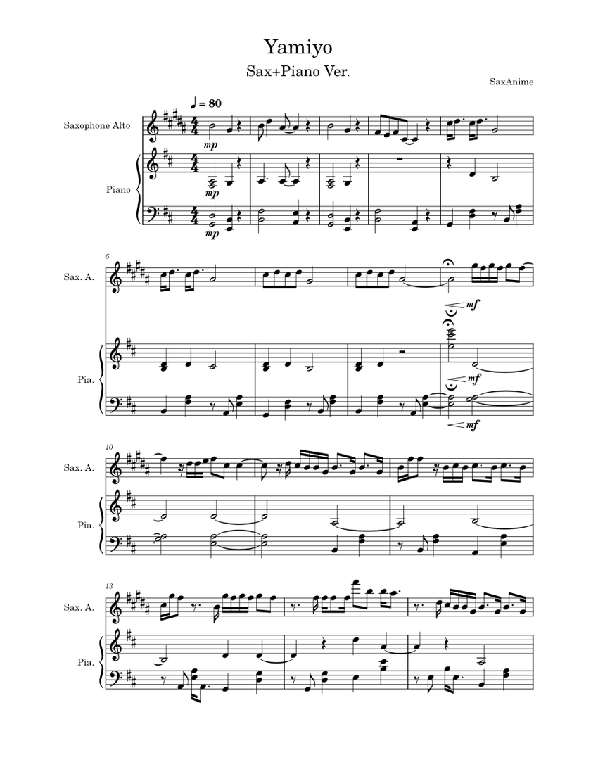 Yamiyo Sax/Piano - Dororo ED2 Sheet Music for Piano, Saxophone alto ...
