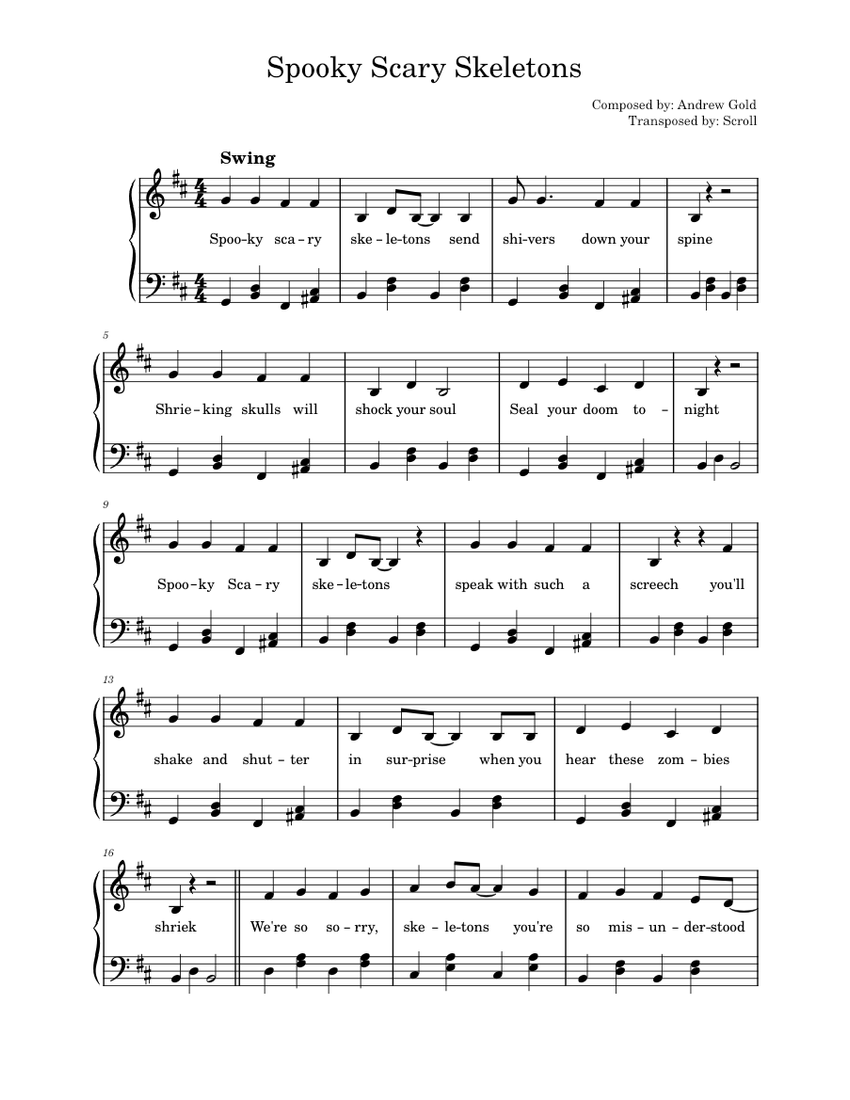 Spooky scary skeletons – Andrew Gold (Easy Piano) Sheet music for Piano ...
