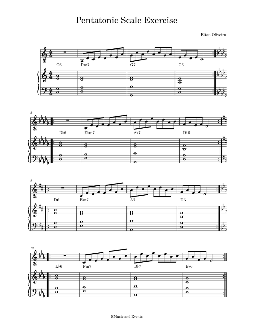 Pentatonic Scale Exercise Sheet Music with Chords for Piano, Vocals ...