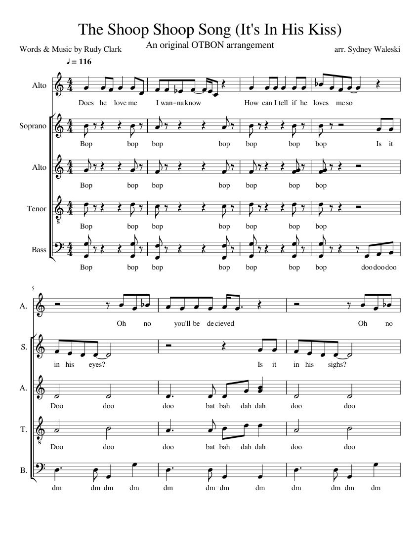 The Shoop Shoop Song Sheet Music for Soprano, Alto, Tenor, Bass voice ...