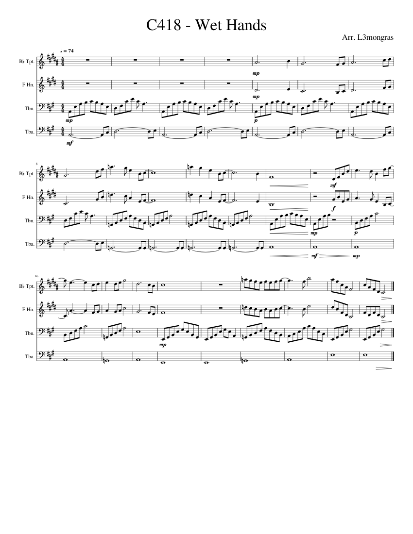 Wet Hands - C418 Sheet Music for Trombone, Tuba, Trumpet in b-flat, French horn (Brass Quartet ...
