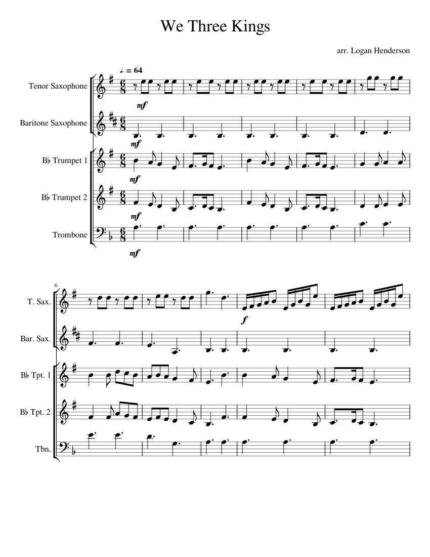 We Three Kings Sheet Music for Trombone, Saxophone tenor, Saxophone ...